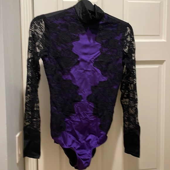 Kelle Costumes Black Purple Dance Leotard Purple Satin With Black Lace Overlaylace Sleeves